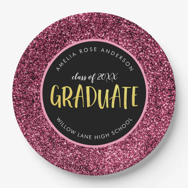 Faux Pink Glitter Graduate Graduation Paper Plate | Zazzle