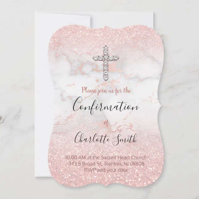 faux pink glitter on marble Confirmation Invitation | Zazzle