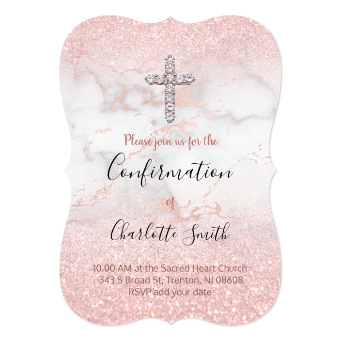 faux pink glitter on marble Confirmation Invitation | Zazzle.com