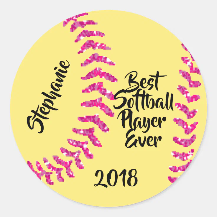 Faux Pink Glitter Softball Stitches Classic Round Sticker | Zazzle