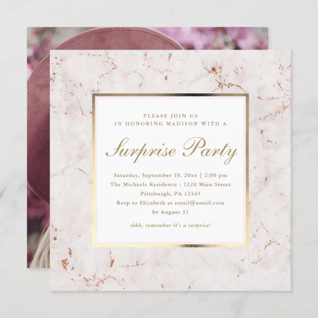 Faux Pink Marble with Photo Surprise Party Invitation | Zazzle