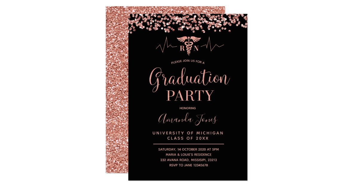 FAUX ROSE GOLD Black RN Nurse Graduation Party Invitation | Zazzle.com