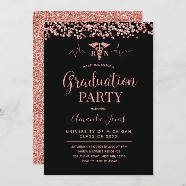 FAUX ROSE GOLD Black RN Nurse Graduation Party Invitation | Zazzle