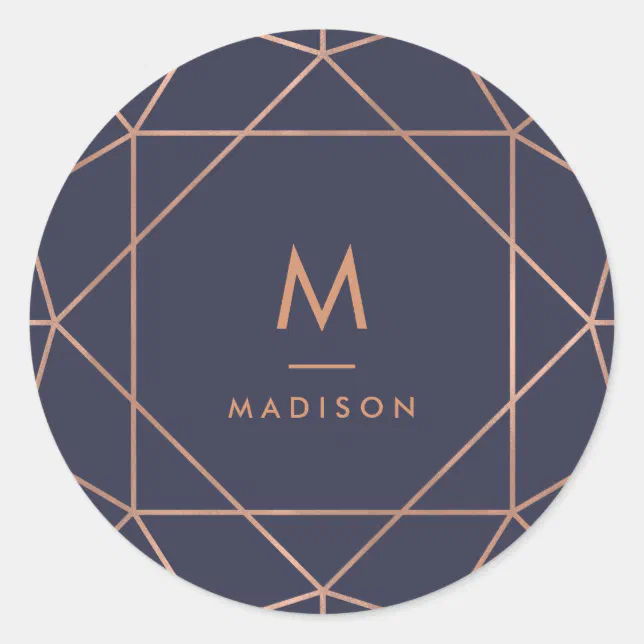 Faux Rose Gold Geometric on Midnight Blue Classic Round Sticker | Zazzle