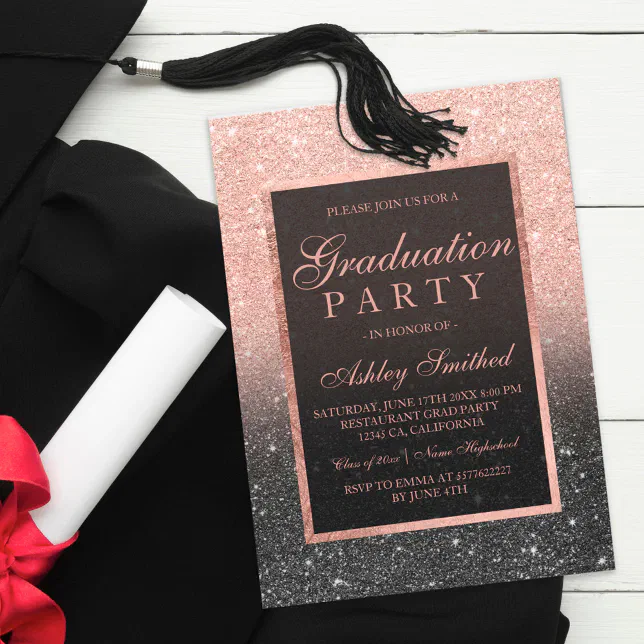 Faux rose gold glitter black Graduation party Invitation | Zazzle
