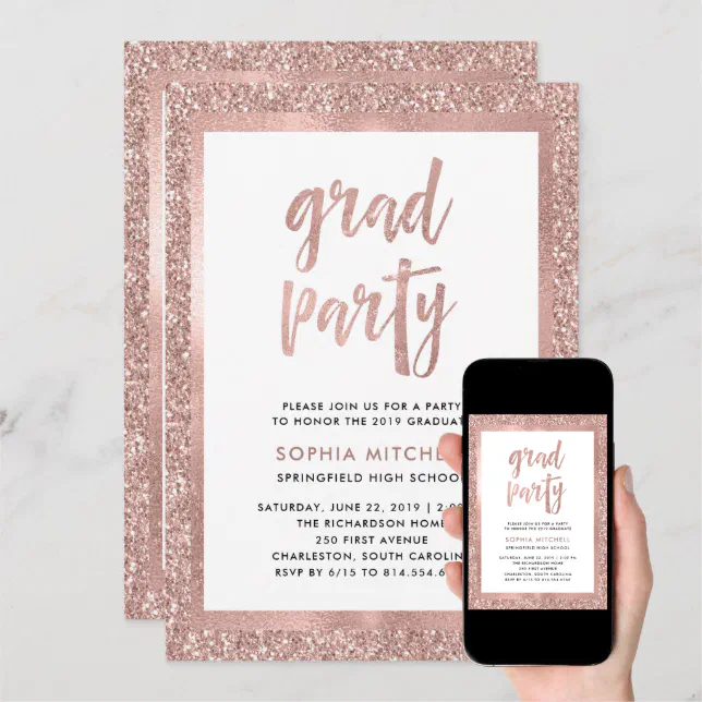 Faux Rose Gold Glitter | Graduation Party Photo Invitation | Zazzle