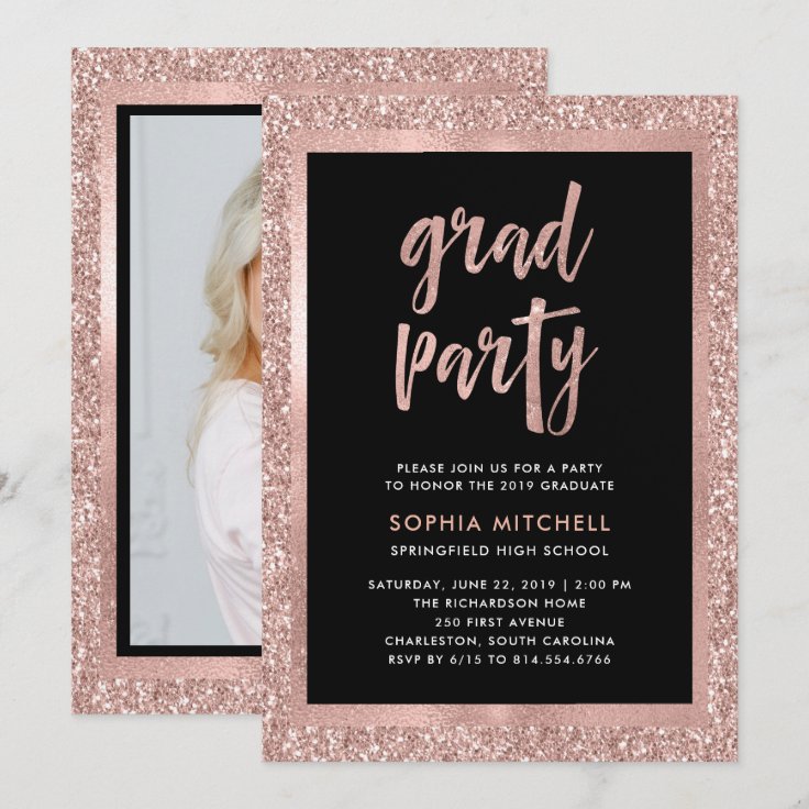 Faux Rose Gold Glitter | Graduation Party Photo Invitation | Zazzle