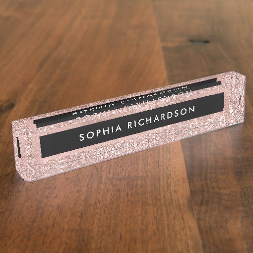Faux Rose Gold Glitter Look and Black Desk Name Plate | Zazzle