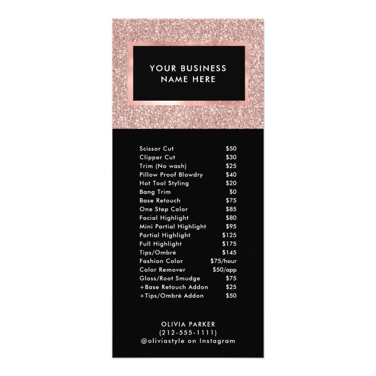Faux Rose Gold Glitter | Salon Price List Service Rack Card | Zazzle