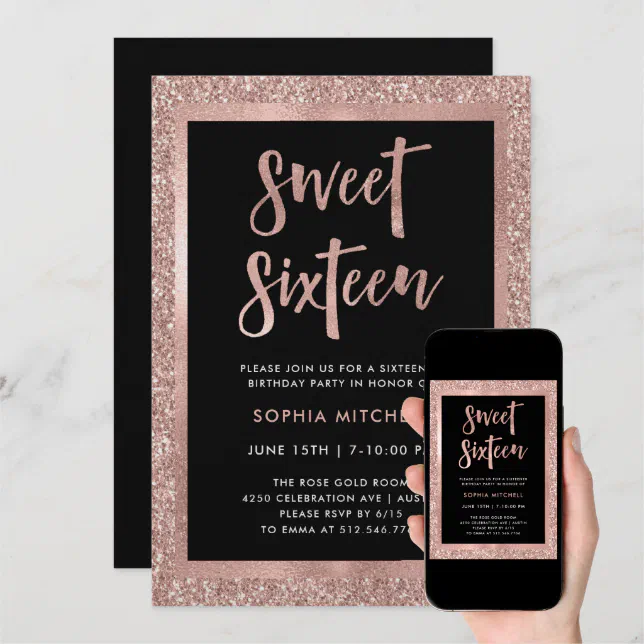 Faux Rose Gold Glitter Sweet 16 Party Invitation Zazzle
