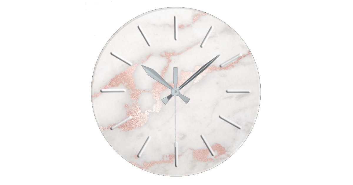 faux rose gold marble stone large clock | Zazzle.com