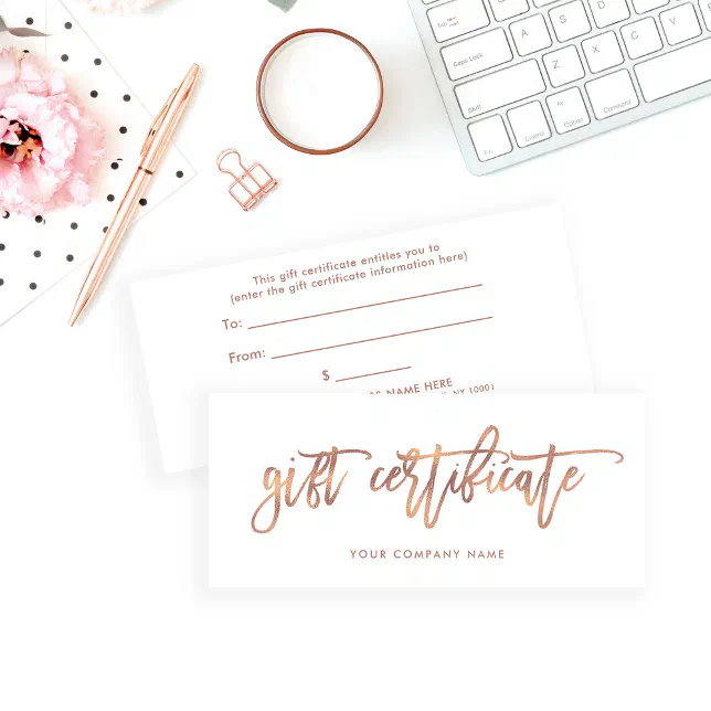 Faux Rose Gold Modern Script | Gift Certificate | Zazzle