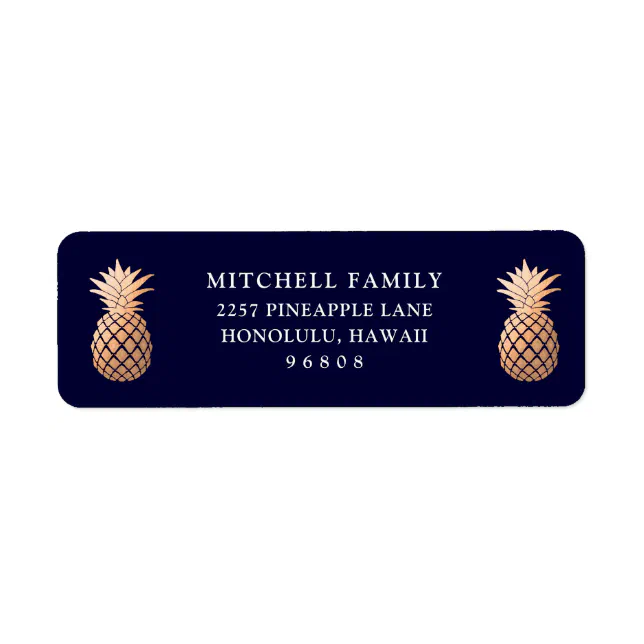 Faux Rose Gold Pineapples on Navy Blue Label | Zazzle