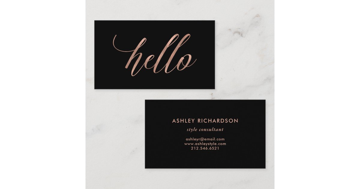 Faux Rose Gold Typography on Black | Hello Business Card | Zazzle