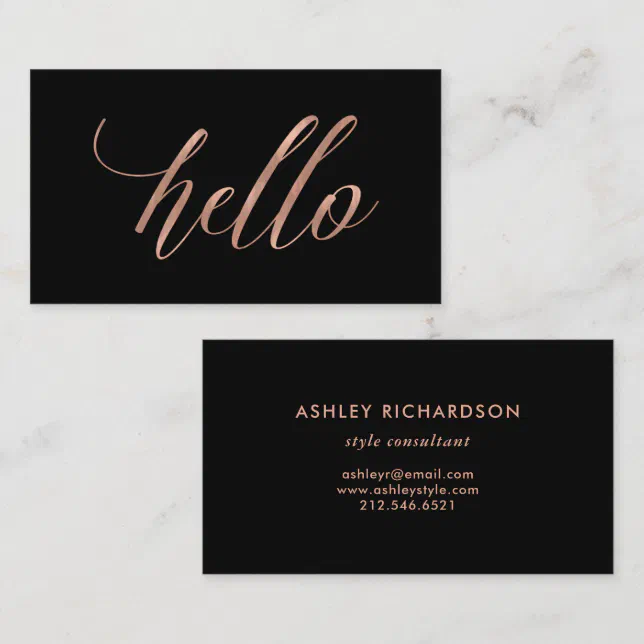 Faux Rose Gold Typography on Black | Hello Business Card | Zazzle