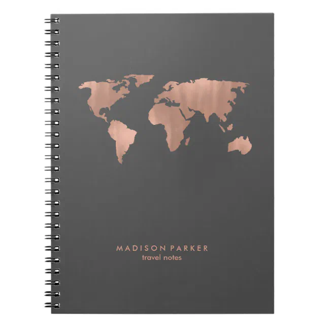 Faux Rose Gold World Map on Smoky Gray Notebook | Zazzle