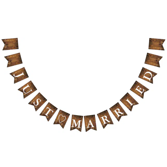 Faux Rustic Barn Wood Just Married Wedding Bunting Flags | Zazzle