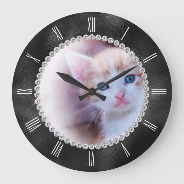 Faux Shiny Black Rhinestone Circle Photo Large Clock | Zazzle