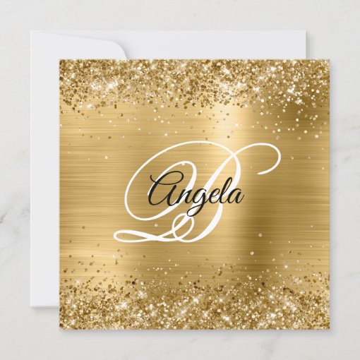 Faux Shiny Gold Glitter Brushed Foil Monogram Invitation | Zazzle