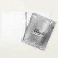 Faux Shiny Silver Glitter Brushed Metal Monogram Planner | Zazzle