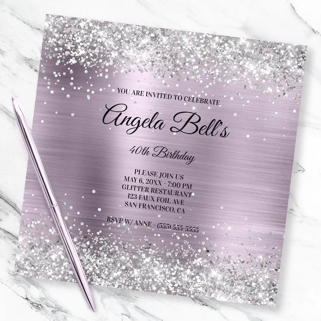 Faux Shiny Silver Glitter Lavender Foil Monogram Invitation | Zazzle