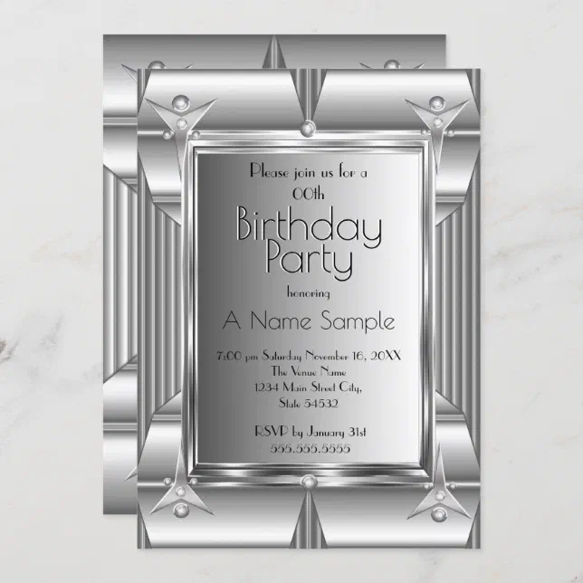 Faux Silver Chrome Metal look Birthday Party Invitation | Zazzle