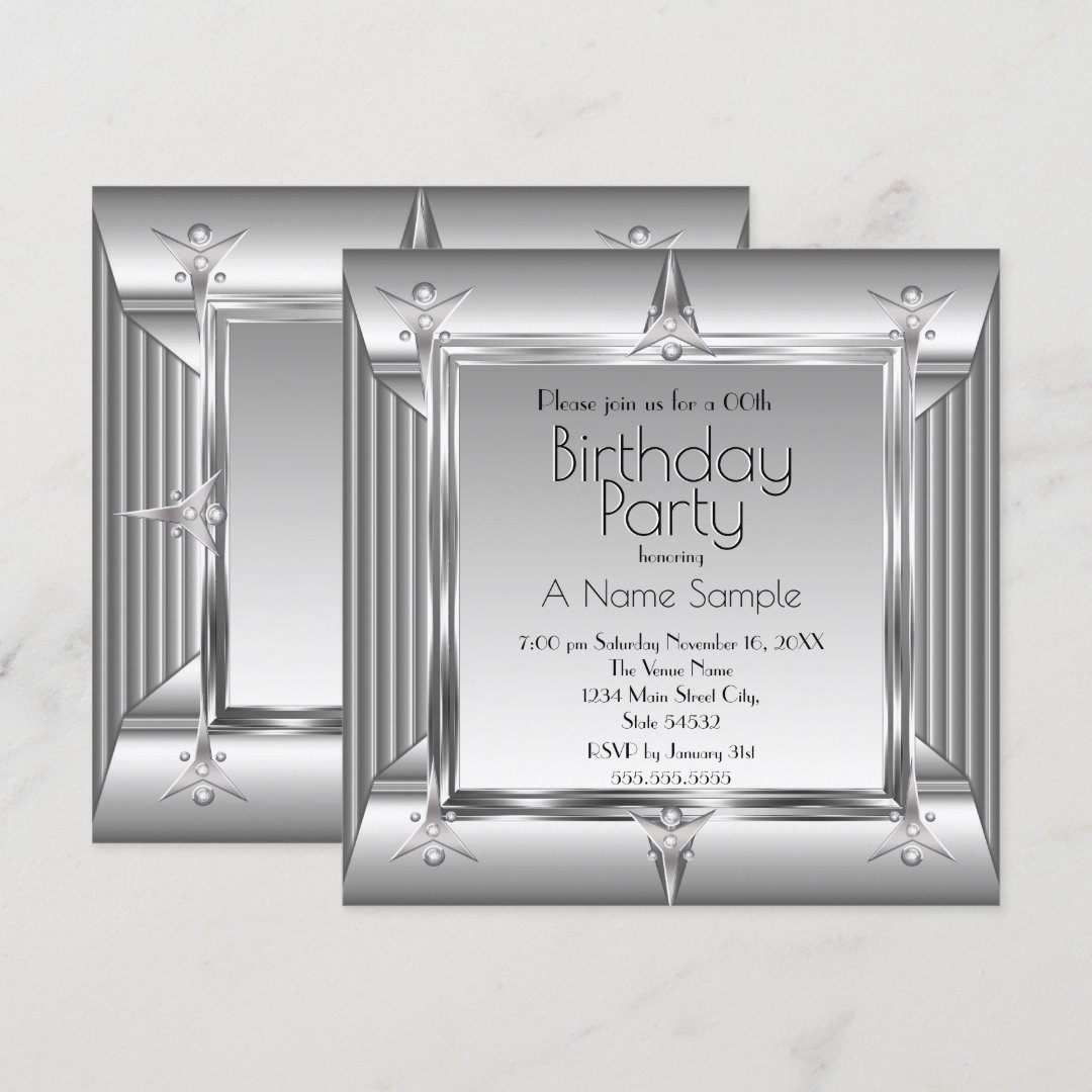 Faux Silver Chrome Metal look Birthday Party sq Invitation | Zazzle