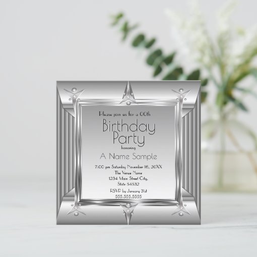 Faux Silver Chrome Metal look Birthday Party sq Invitation | Zazzle