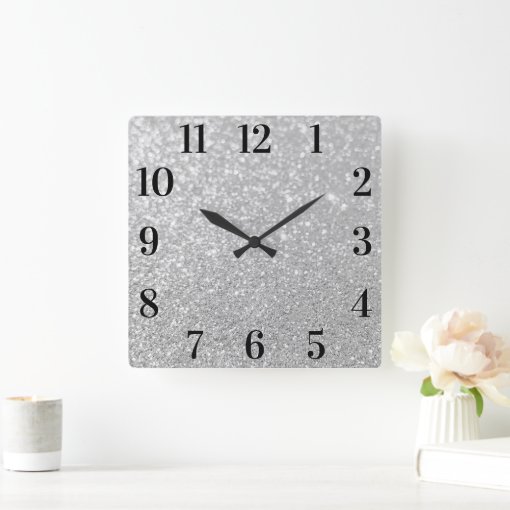 Faux Silver Glitter Elegant Black Numbers Square Wall Clock | Zazzle