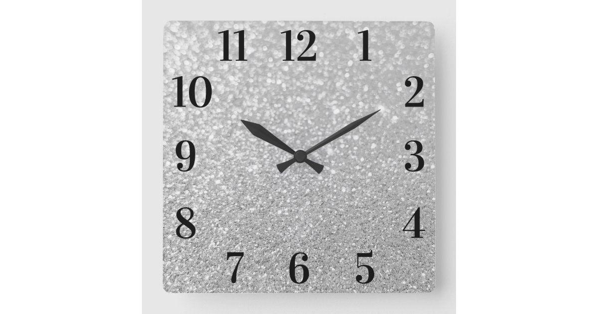 Faux Silver Glitter Elegant Black Numbers Square Wall Clock | Zazzle