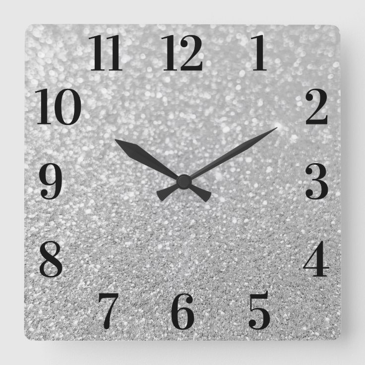 Faux Silver Glitter Elegant Black Numbers Square Wall Clock | Zazzle