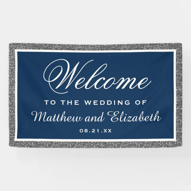 Faux Silver Glitter Navy Blue Wedding Welcome Banner | Zazzle
