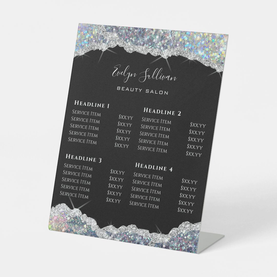 Faux Silver Glitter Sequin Price List Pedestal Sign | Zazzle