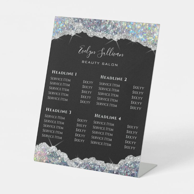 Faux Silver Glitter Sequin Price List Pedestal Sign | Zazzle