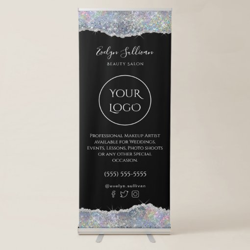 faux silver glitter sequin retractable banner | Zazzle