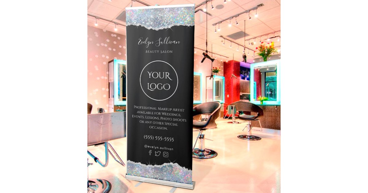 faux silver glitter sequin retractable banner | Zazzle