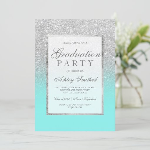 Faux silver glitter teal Graduation party Invitation | Zazzle