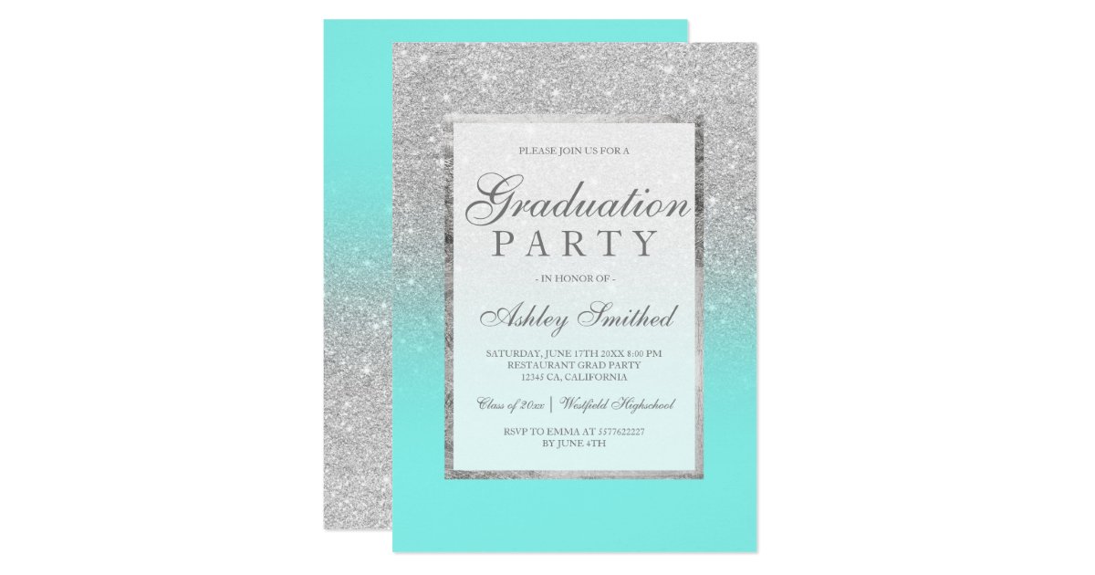 Faux silver glitter teal Graduation party Invitation | Zazzle.com
