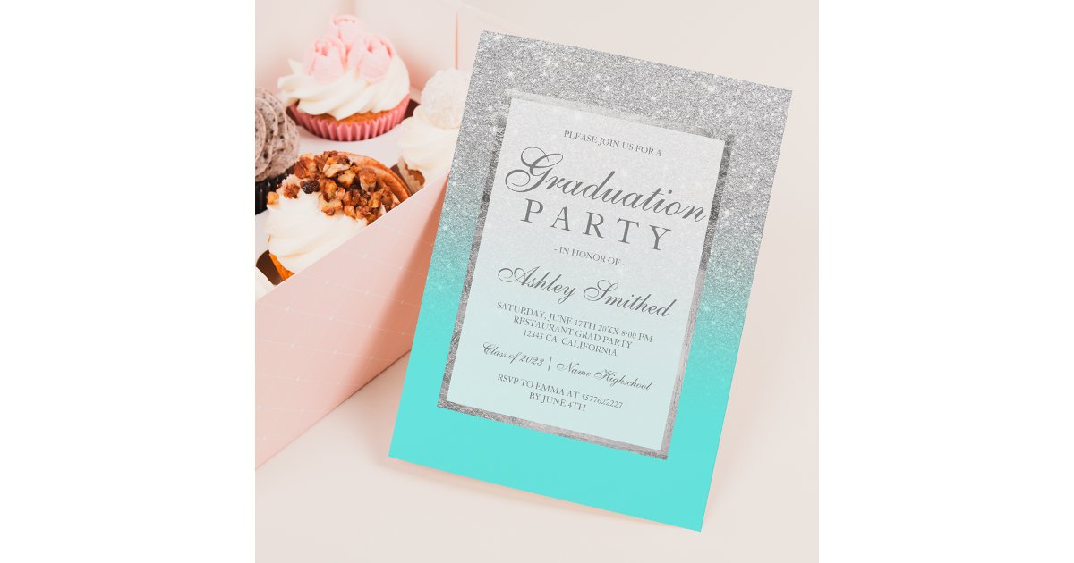 Faux silver glitter teal Graduation party Invitation | Zazzle