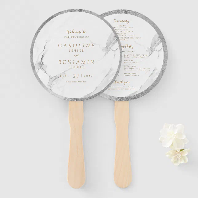 Faux silver marble luxury modern wedding program hand fan | Zazzle