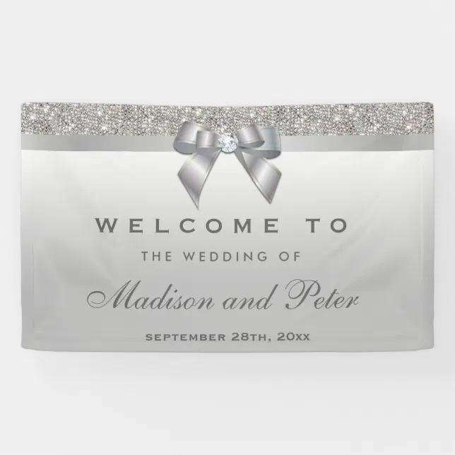 Faux Silver Sequins Bow Diamond Wedding Banner | Zazzle