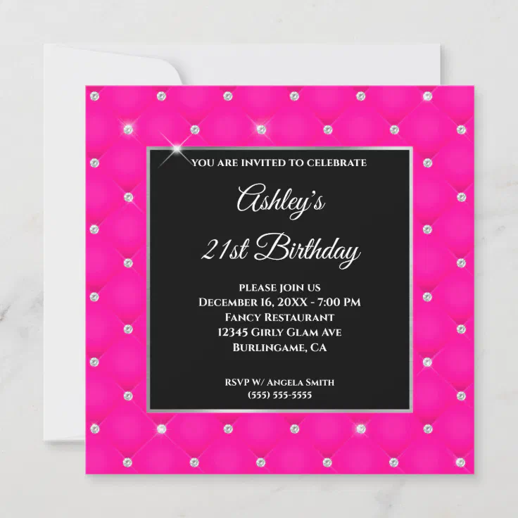 Faux Sparkly Diamond Hot Pink Birthday Invitation | Zazzle