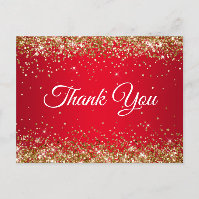 Faux Sparkly Gold Glitter Bright Red Thank You Postcard | Zazzle