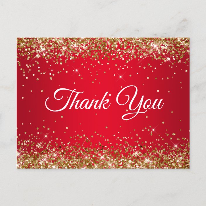 Faux Sparkly Gold Glitter Bright Red Thank You Postcard | Zazzle