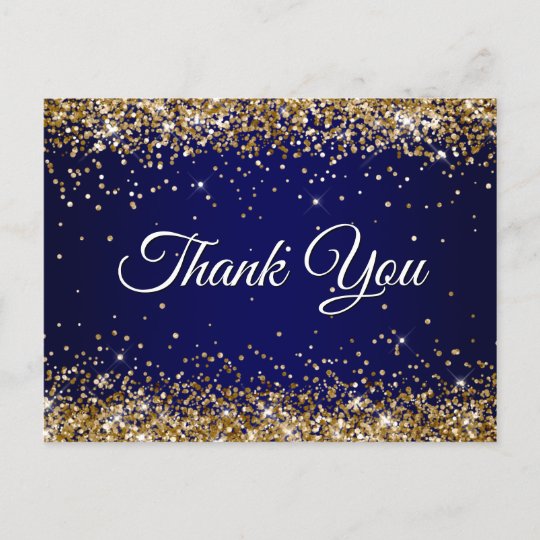 Faux Sparkly Gold Glitter Navy Blue Thank You Postcard | Zazzle.com