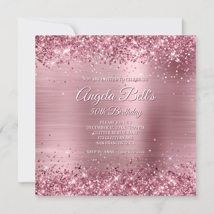 Faux Sparkly Pink Glitter and Brushed Foil Invitation | Zazzle