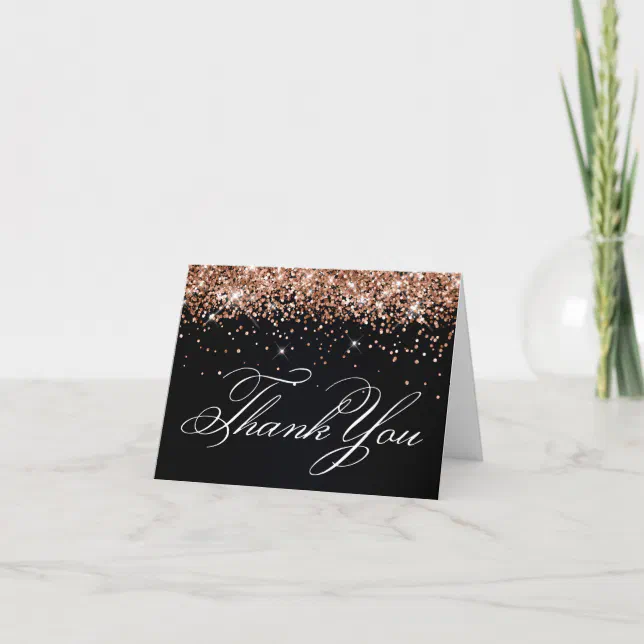 Faux Sparkly Rose Gold Glitter Black Thank You Card | Zazzle