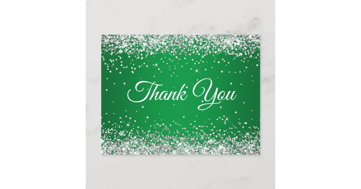Faux Sparkly Silver Glitter Bright Green Thank You Postcard | Zazzle