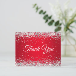 Faux Sparkly Silver Glitter Bright Red Thank You Postcard | Zazzle