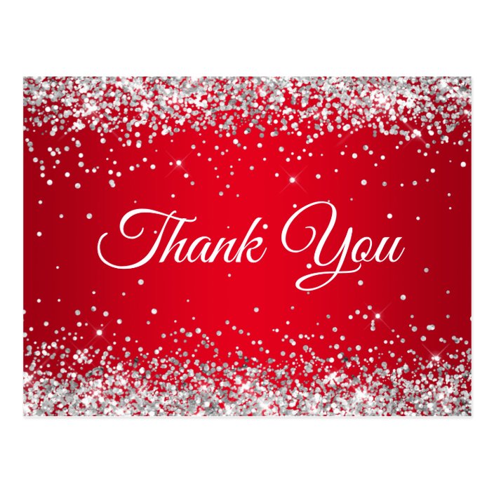 Faux Sparkly Silver Glitter Bright Red Thank You Postcard | Zazzle.com